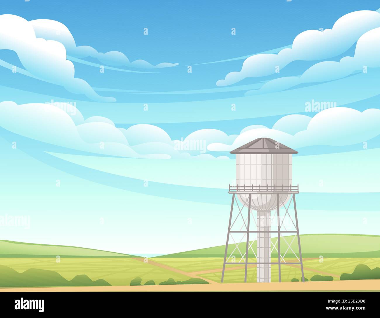 Large, metallic water tower with a cylindrical tank and reinforced ...