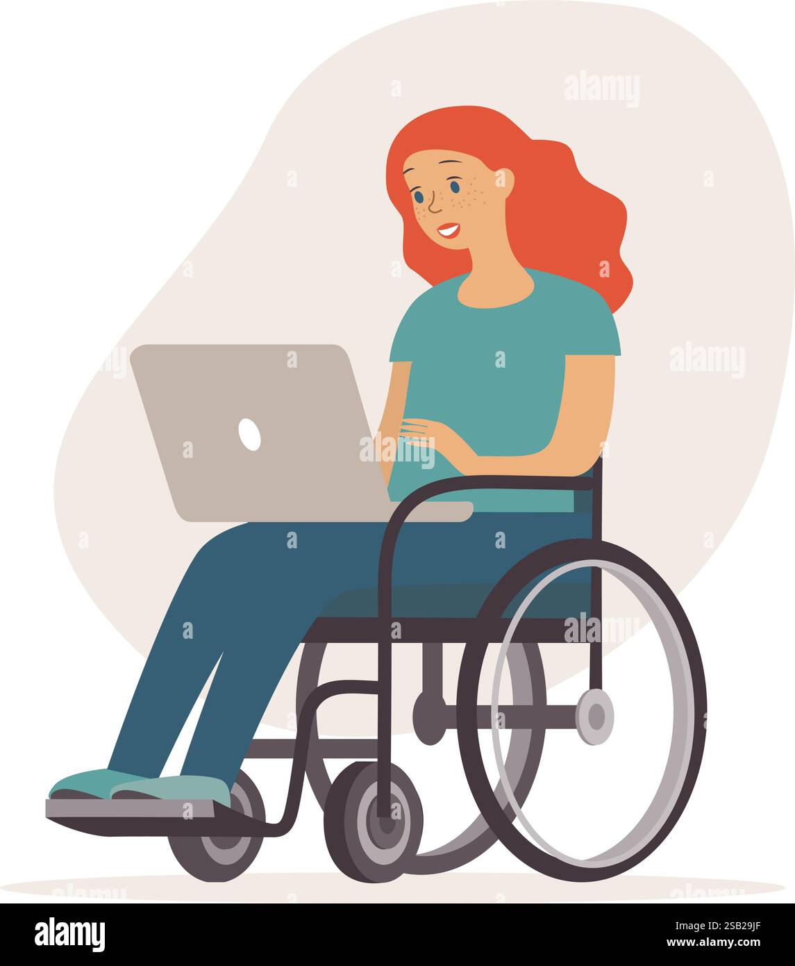 Portrait of a young woman with disabilities sitting in wheelchair using ...