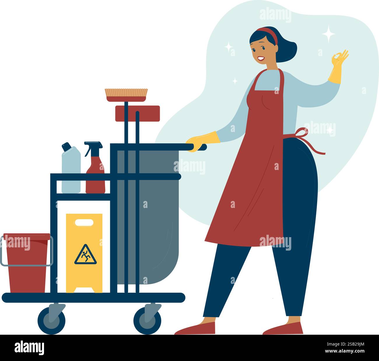 Cleaning lady, janitor with trolley. Cleaning supplies and household ...