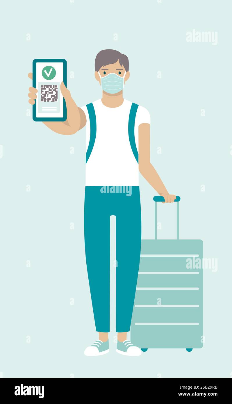Young man showing health passport on a mobile phone, which indicates a ...