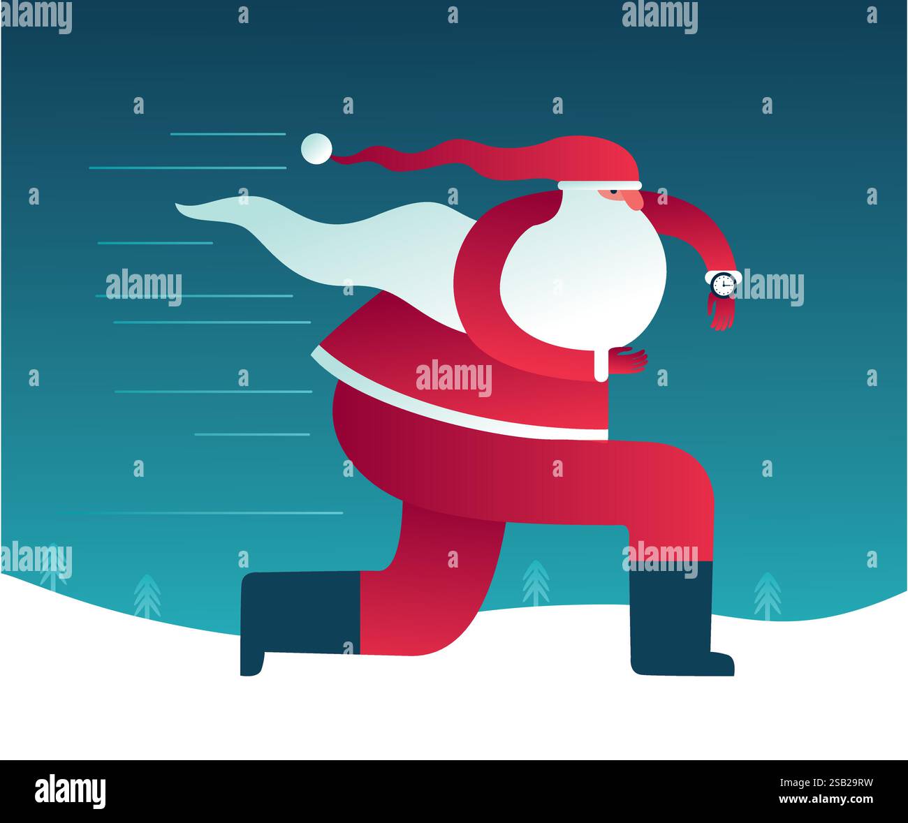 Santa Claus running and checking time on his watches. Contemporary ...