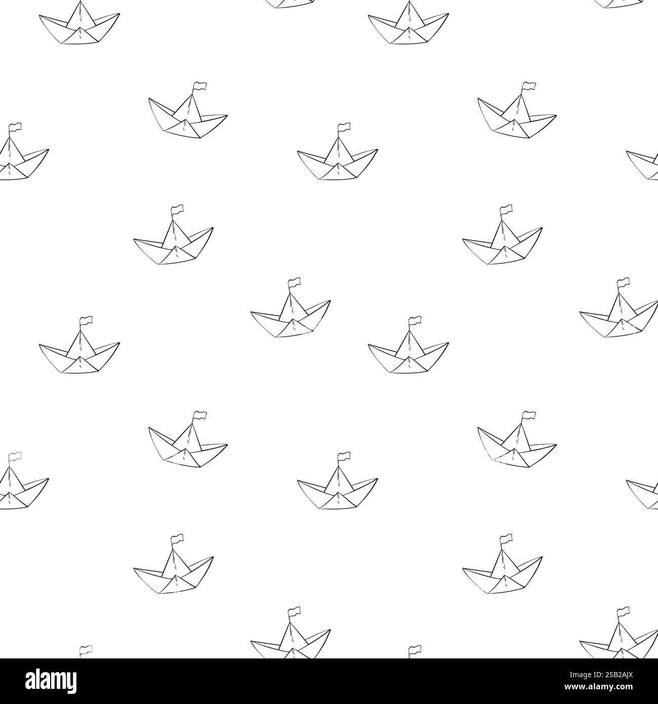 Seamless pattern of paper boat with a flag. Hand drawn outline origami ...