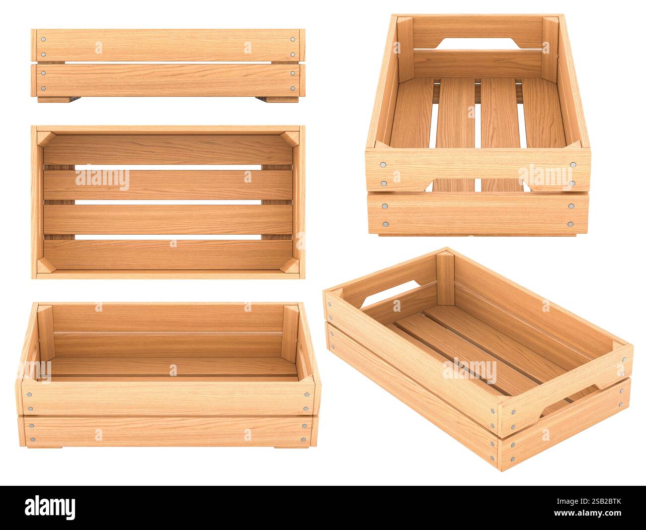 Empty wooden crates, different views and angles. 3D rendering isolated ...