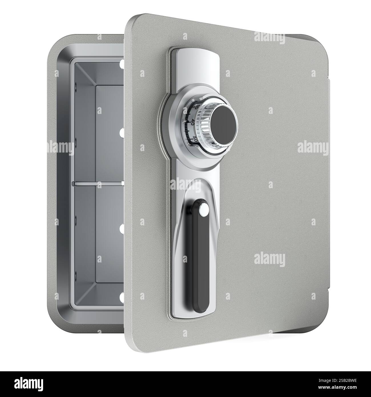 Safe box with combination lock. Opened, empty. 3D rendering isolated on ...
