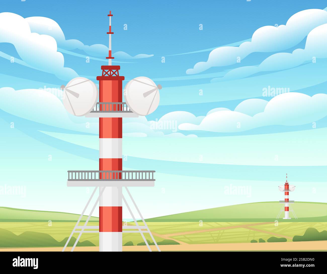 Red and white striped broadcasting antenna with satellite dishes ...