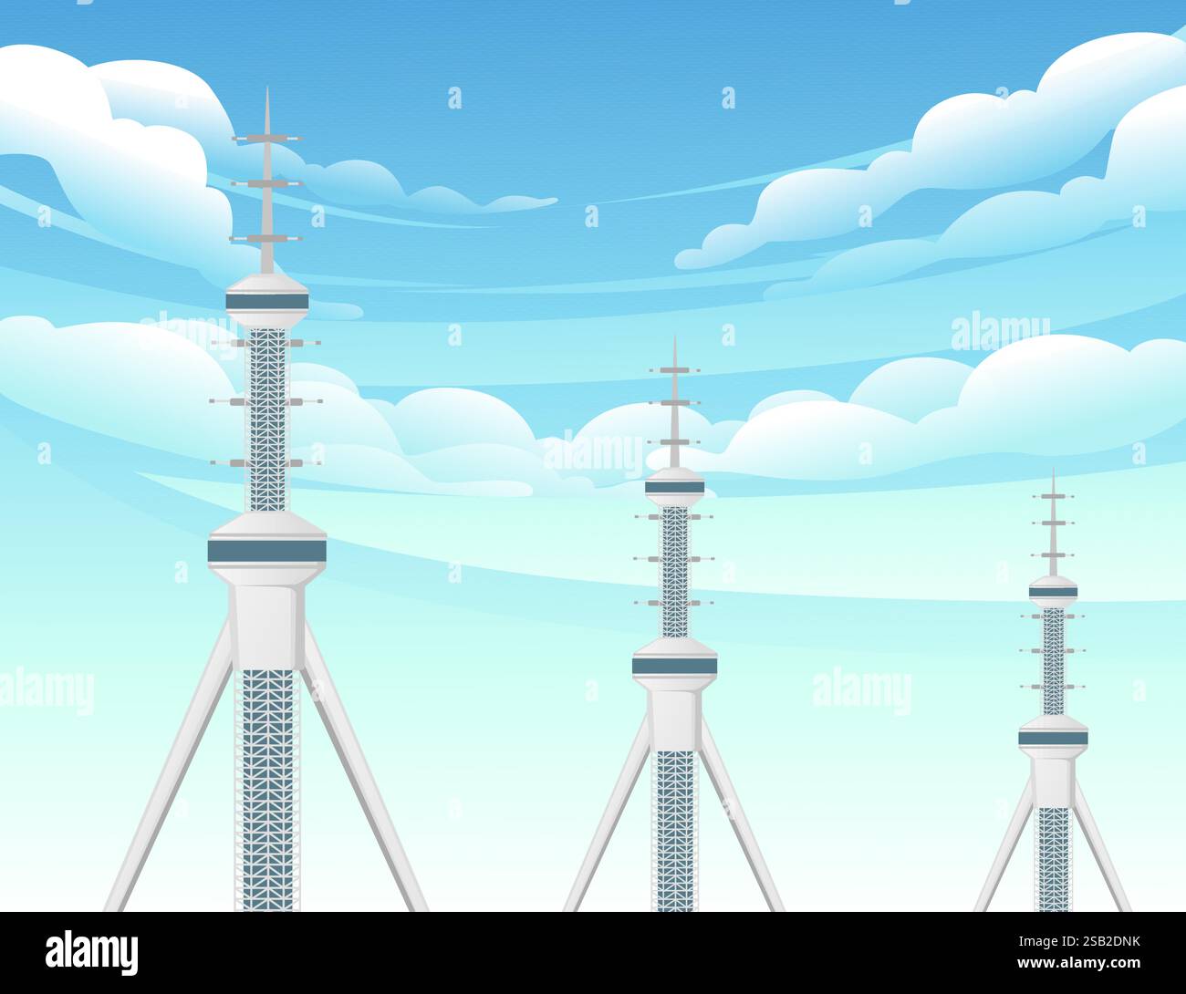 Three lofty white transmission towers bristling with antennas. Communication masts for signal ...