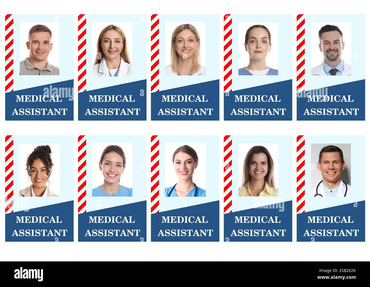 Medical assistant badges with photos of different people isolated on ...