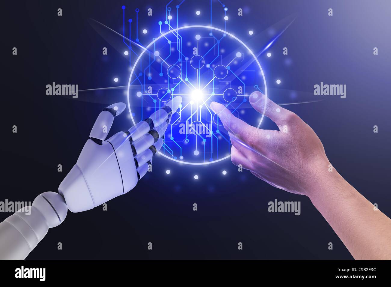 Man and robot touching data network on gradient background, closeup of ...