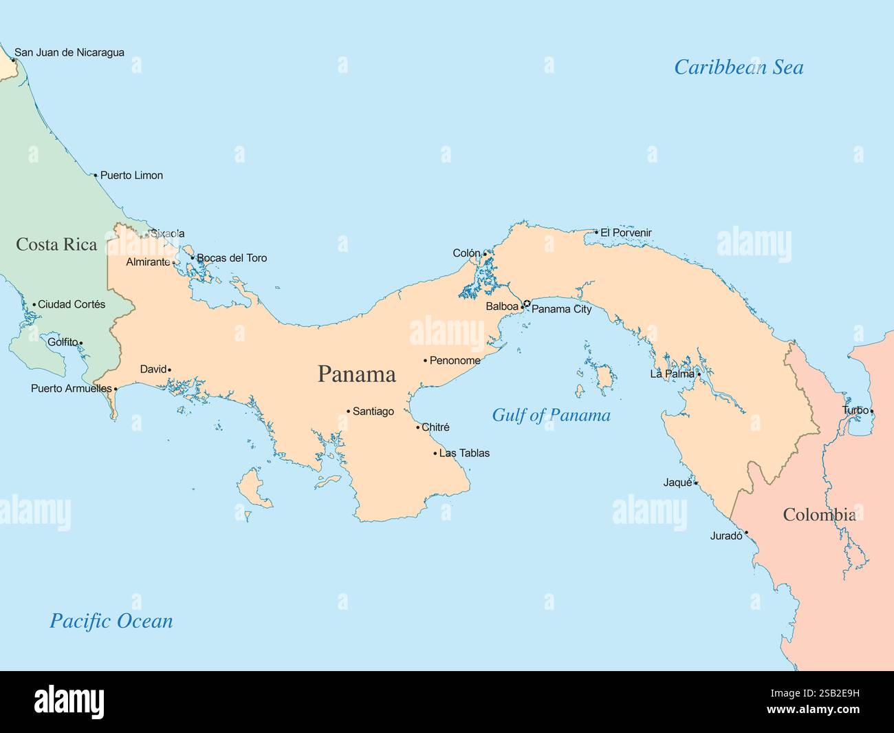 Political map of Panama, showing its borders with Costa Rica and ...