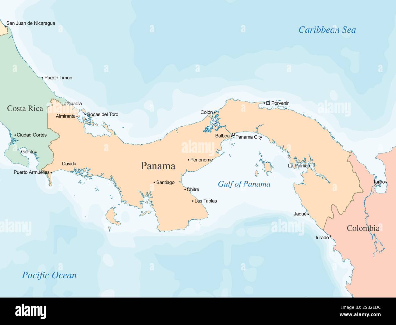 Political map of Panama, showing its borders with Costa Rica and ...