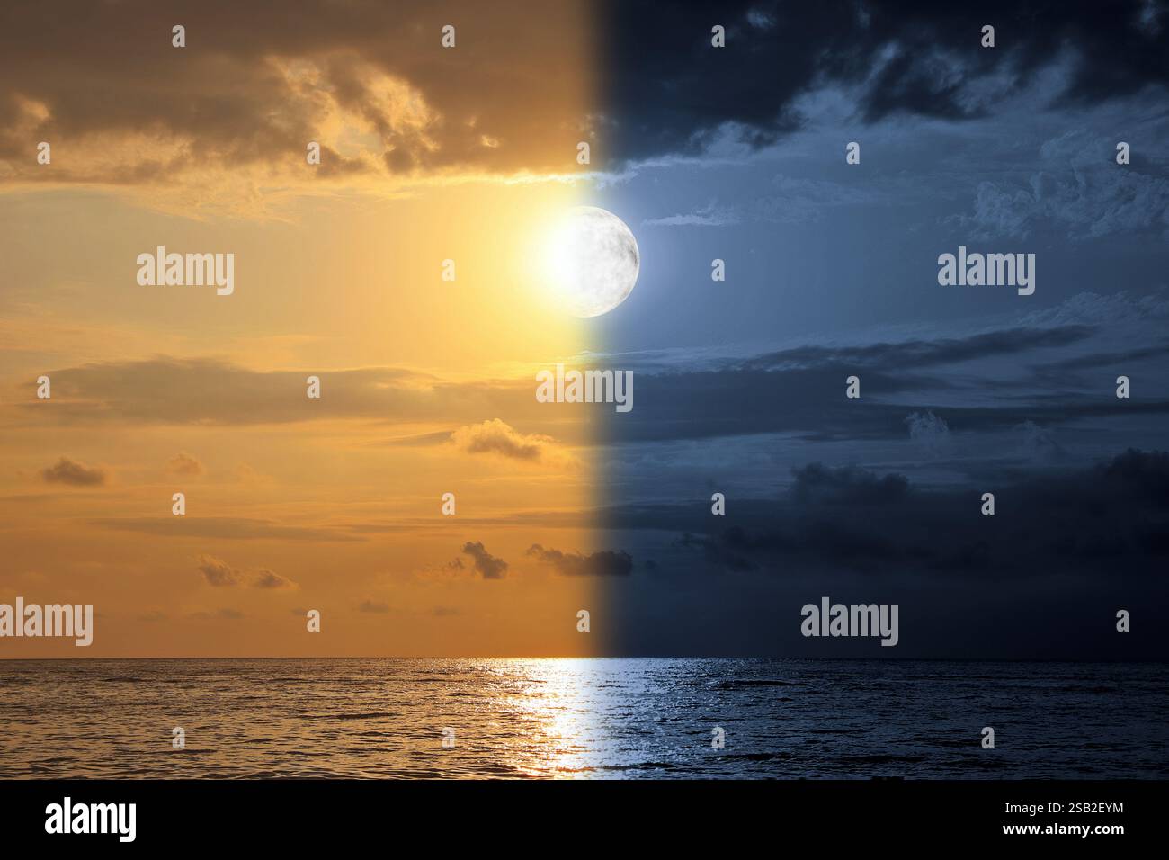 Day and night seascape, collage. Sky with bright sun on one side and ...