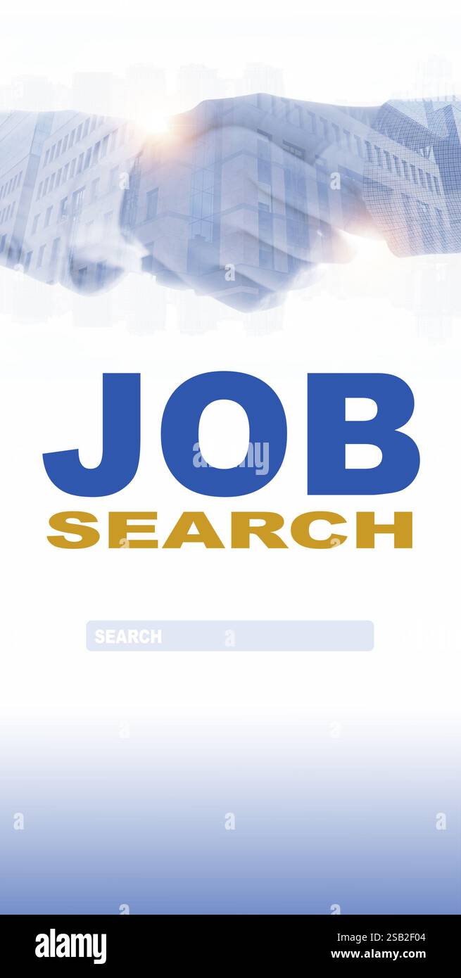 Job search. Double exposure of people shaking hands and office building ...