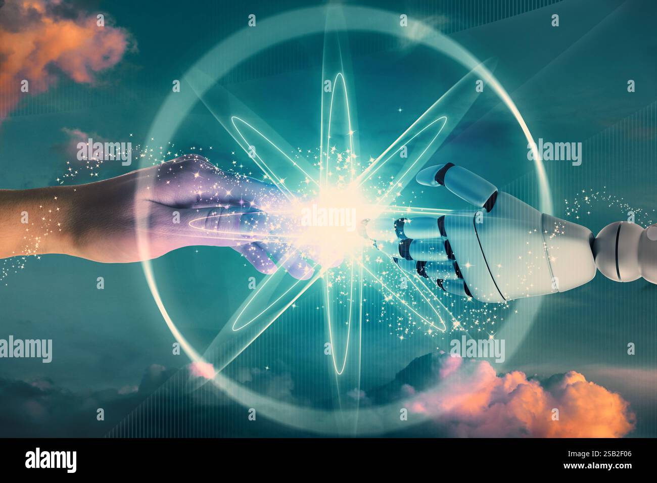 Woman and robot touching data network against sunset sky, closeup of hands. Concept of ...