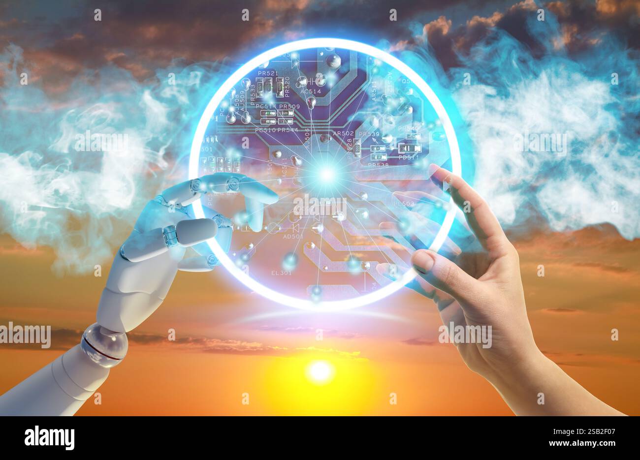 Woman and robot touching data network against sunset sky, closeup of hands. Concept of ...