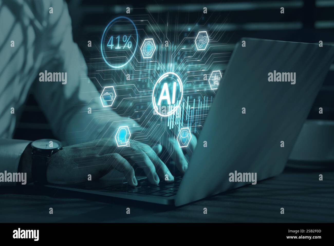 Artificial intelligence. Man using laptop at table, closeup. Scheme ...