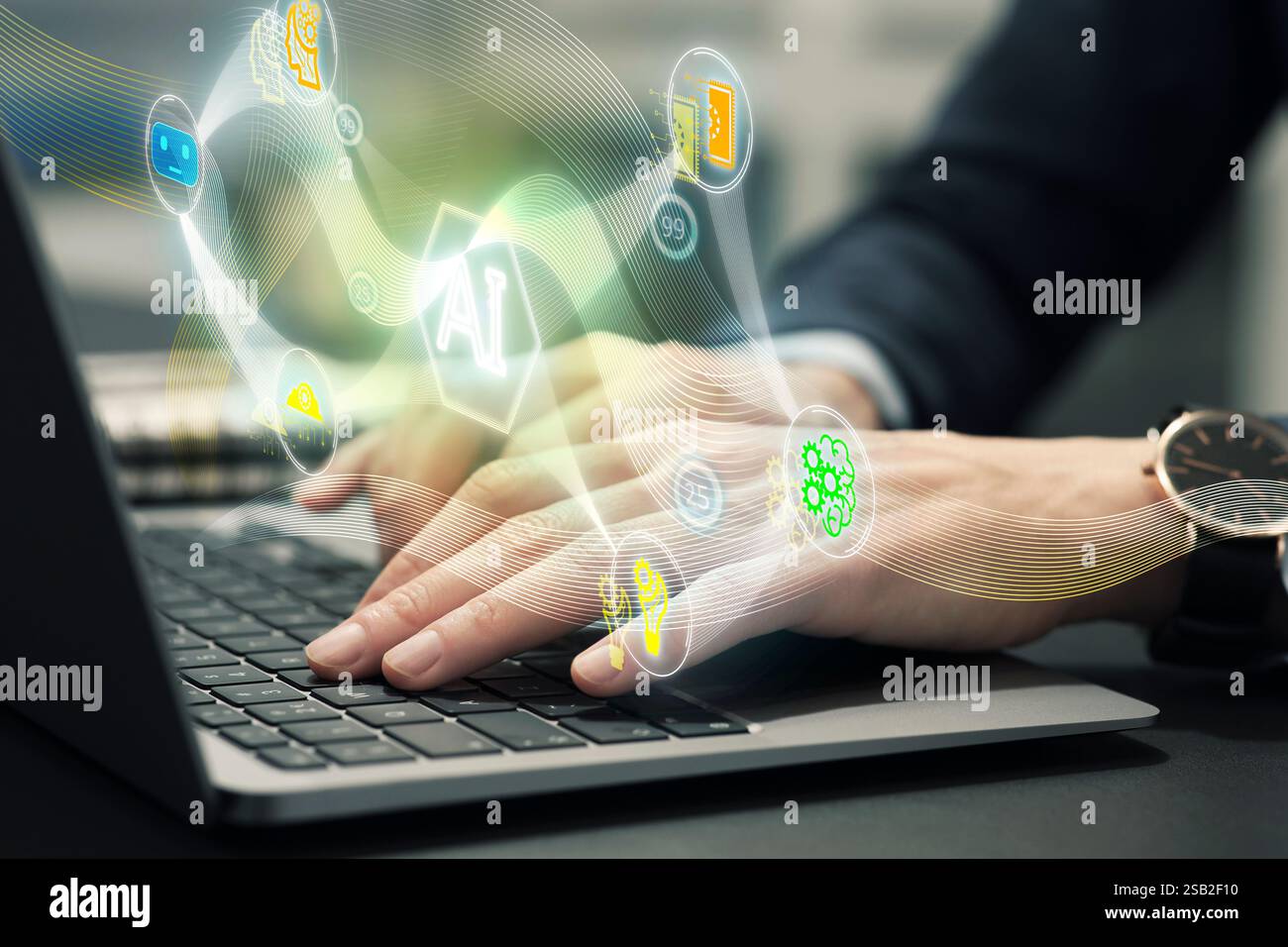 Artificial intelligence. Woman using laptop at table, closeup. Scheme ...