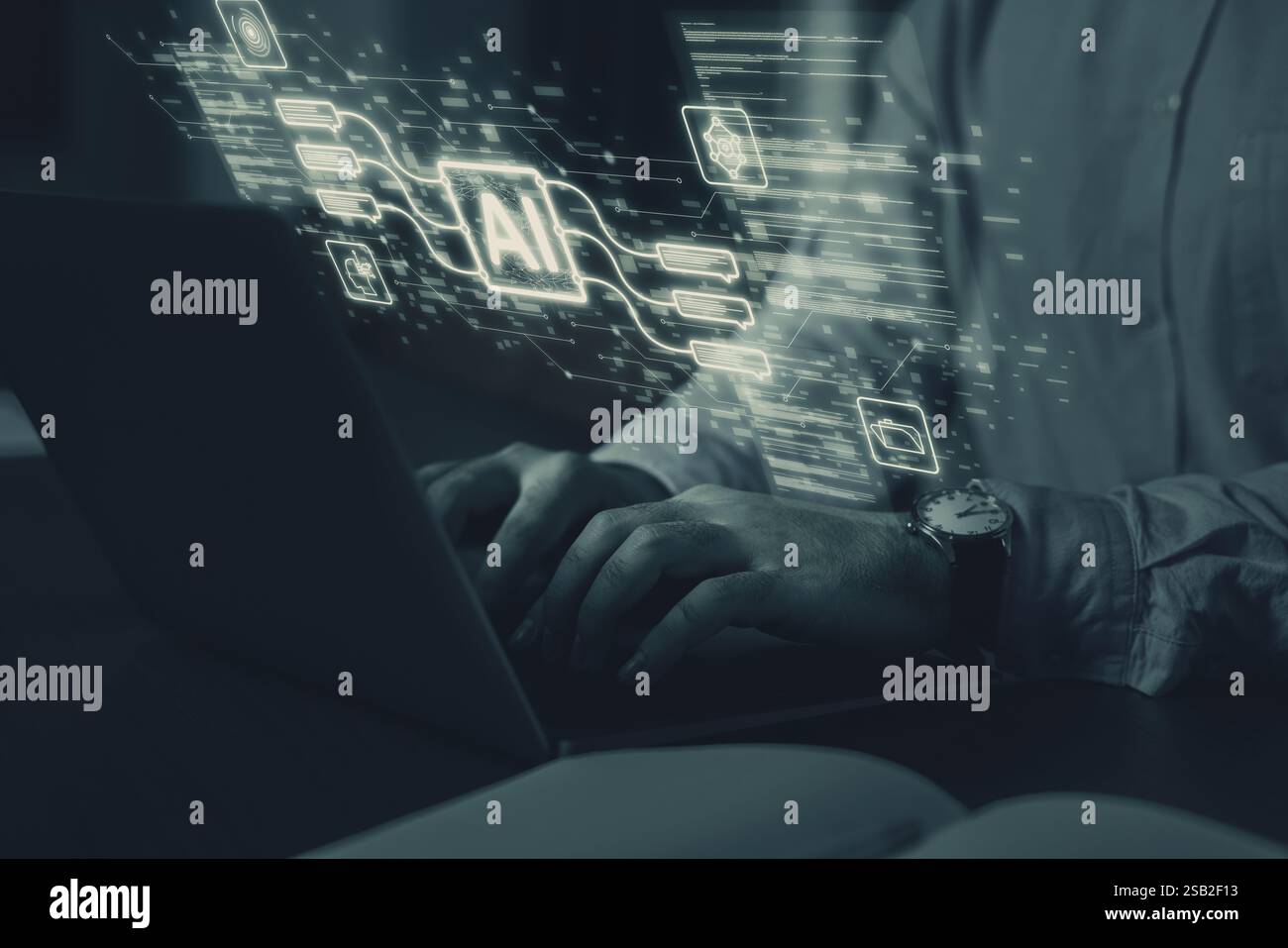 Artificial intelligence. Man using laptop at table, closeup. Scheme ...