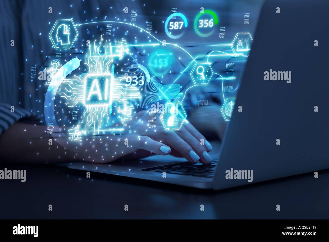 Artificial intelligence. Woman using laptop at table, closeup. Scheme ...