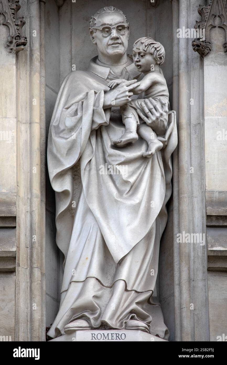 London, UK - April 8th 2024: Sculpture of Oscar Romero above the west ...