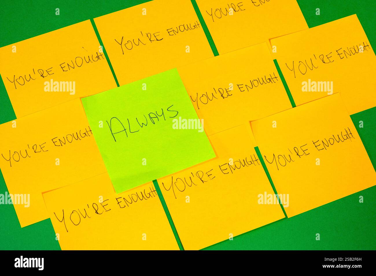 A green sticky note with the word "always" written on it. There are ...