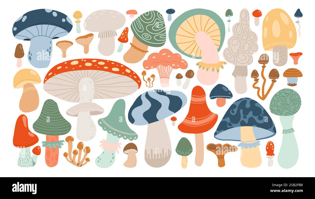Colorful array of whimsical mushrooms in various shapes and sizes ...
