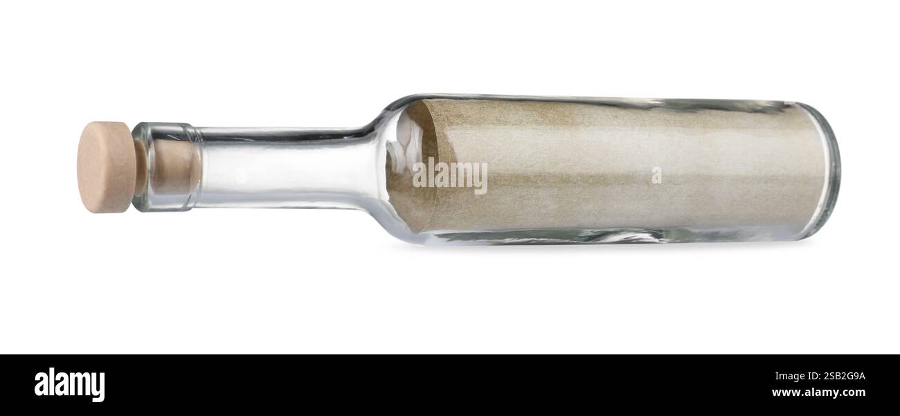 Corked glass bottle with rolled letter isolated on white Stock Photo ...