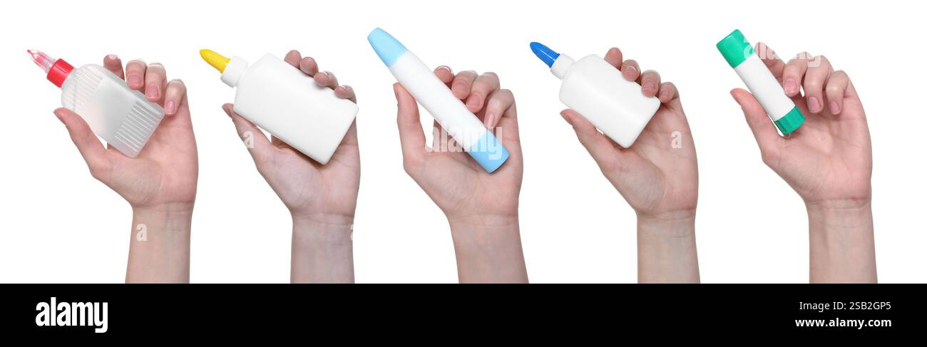 People holding different types of glue in hands isolated on white, set ...