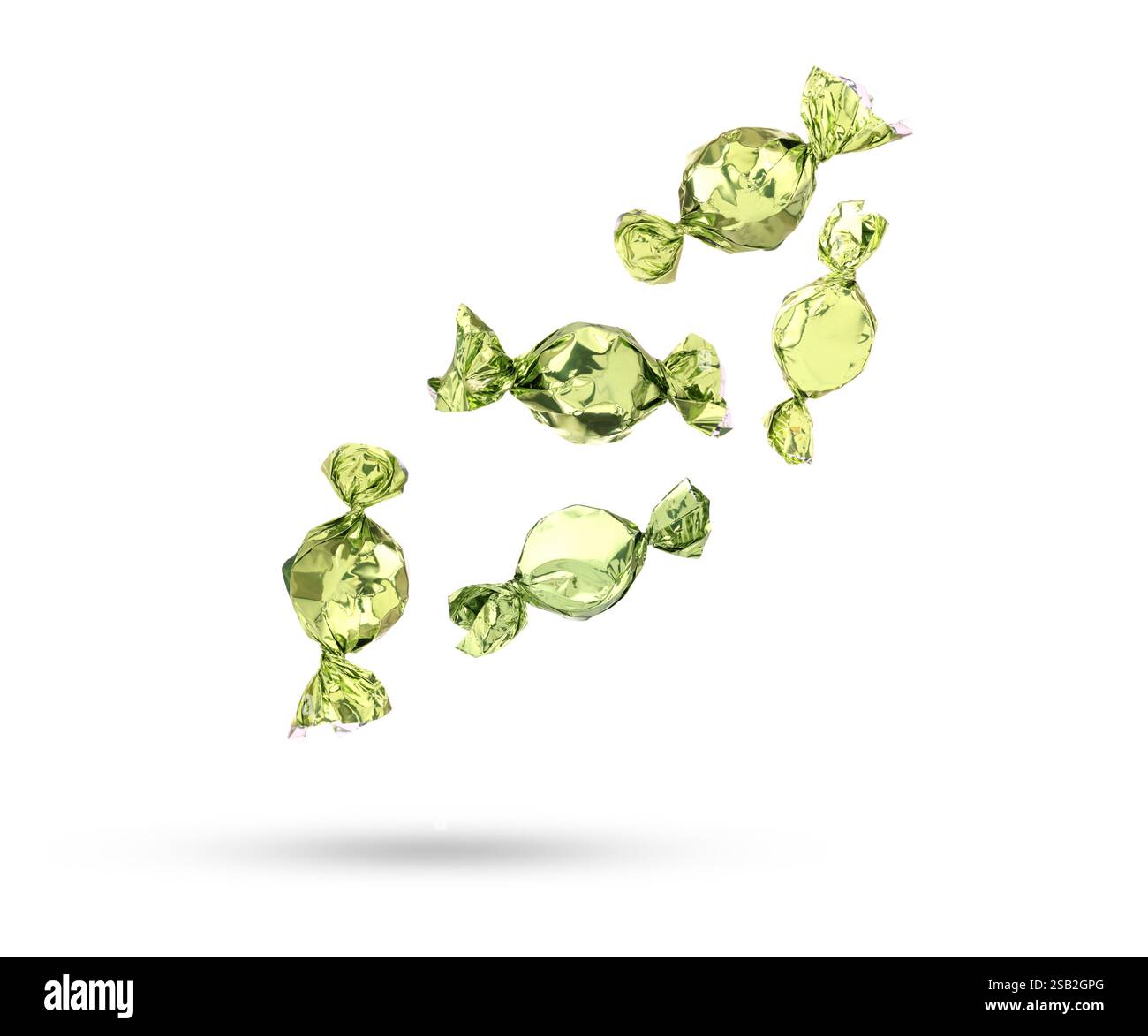 Candies in bright wrappers falling on white background Stock Photo - Alamy