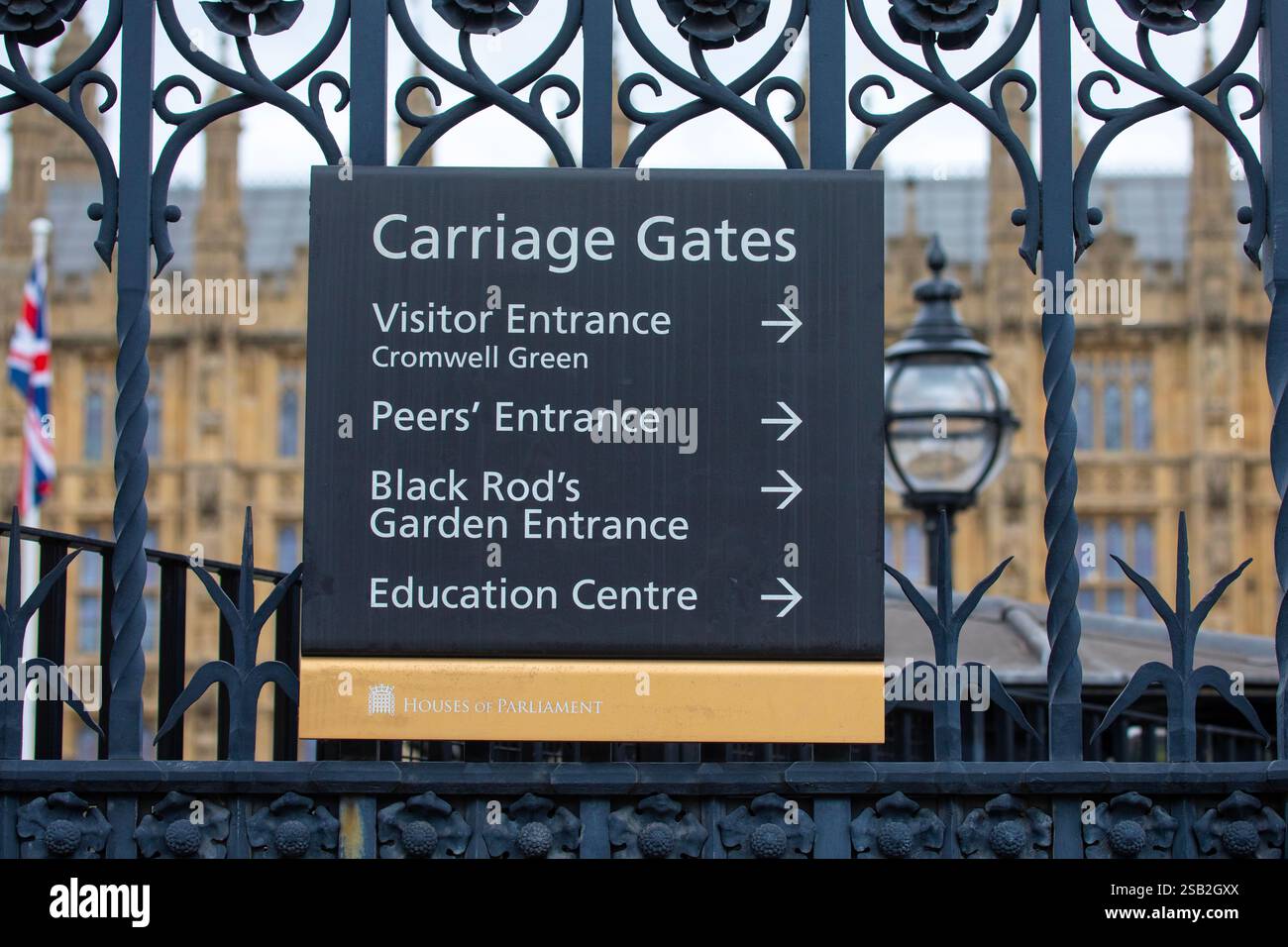 London, UK - April 8th 2024: A sign on the Carriage Gates at the Palace ...