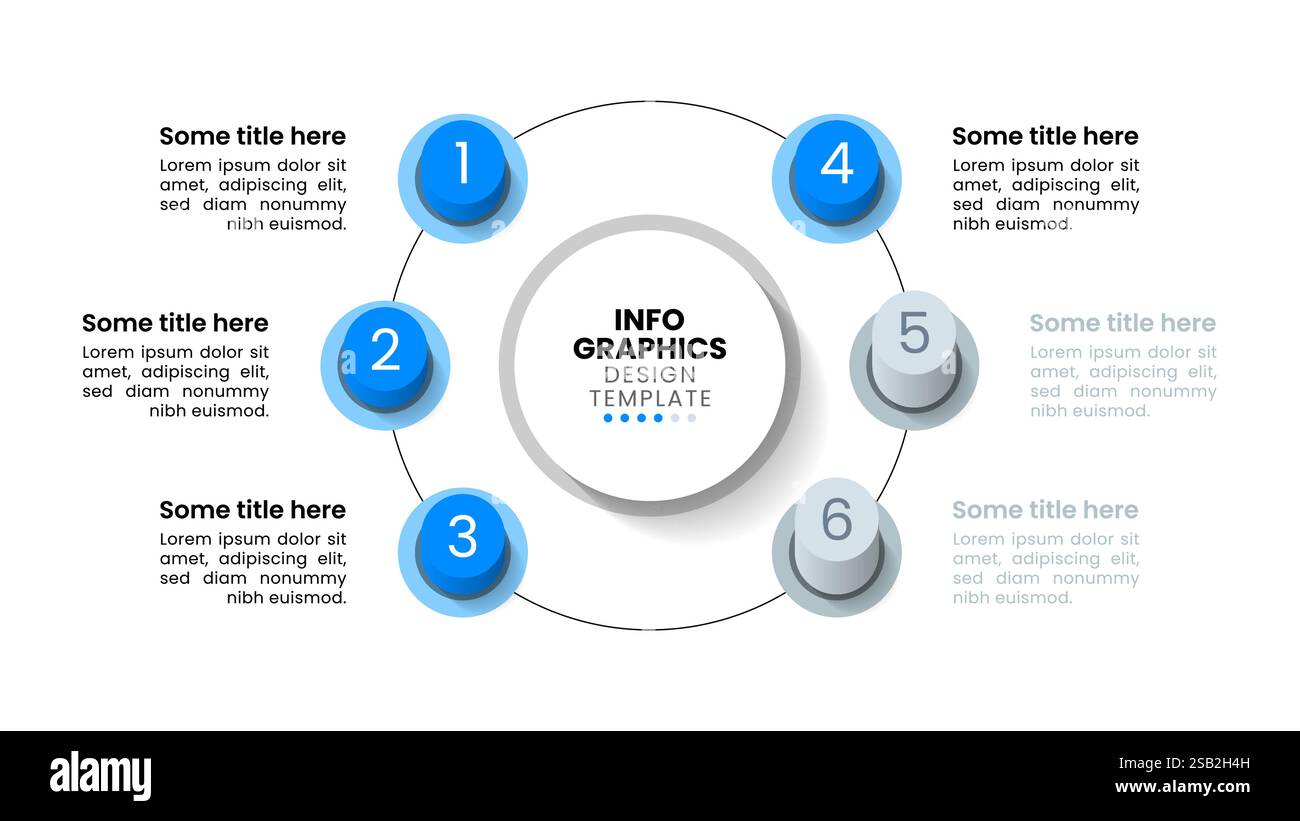 Infographic template with 6 options or steps. Blue buttons. Can be used ...