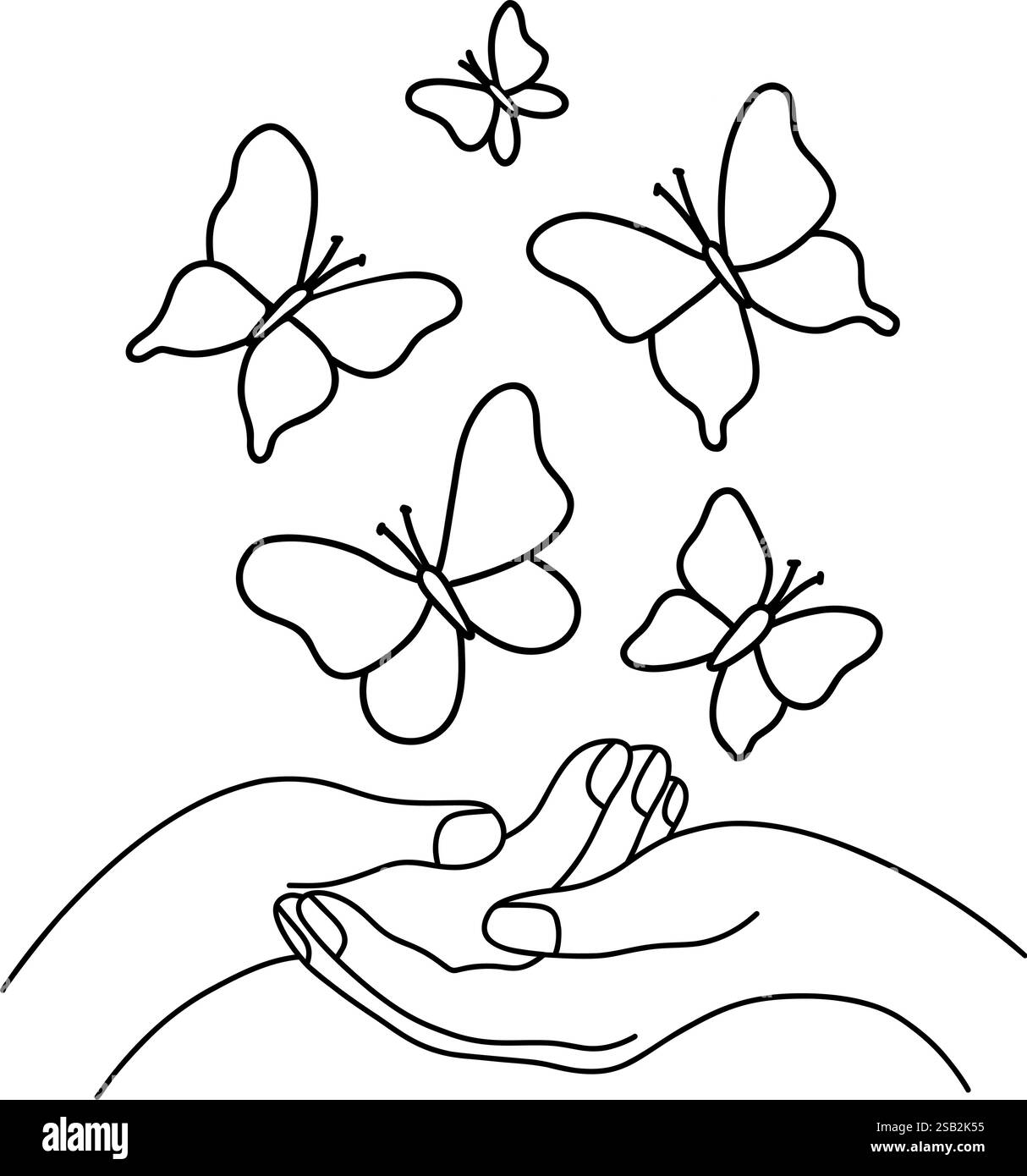 Outline Hands releasing butterflies. Butterfly symbol freedom, transformation and nature. Line ...