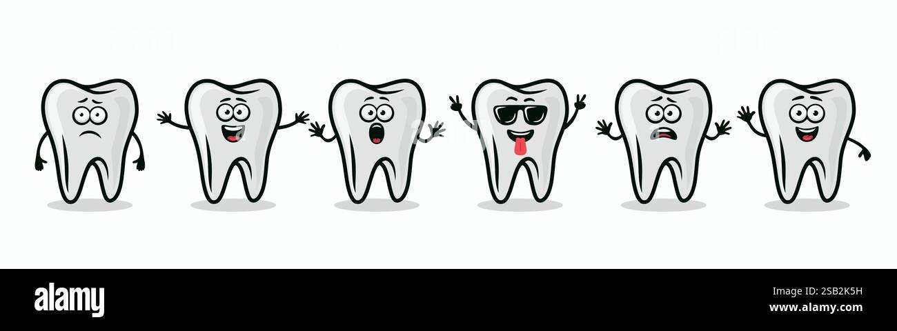 Adorable Tooth Characters Showing Different Emotions. Flat Vector Tooth ...