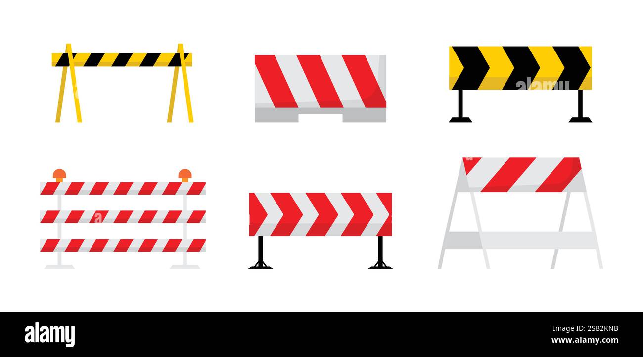 Road side barriers icon set of six red, white, black and yellow color ...