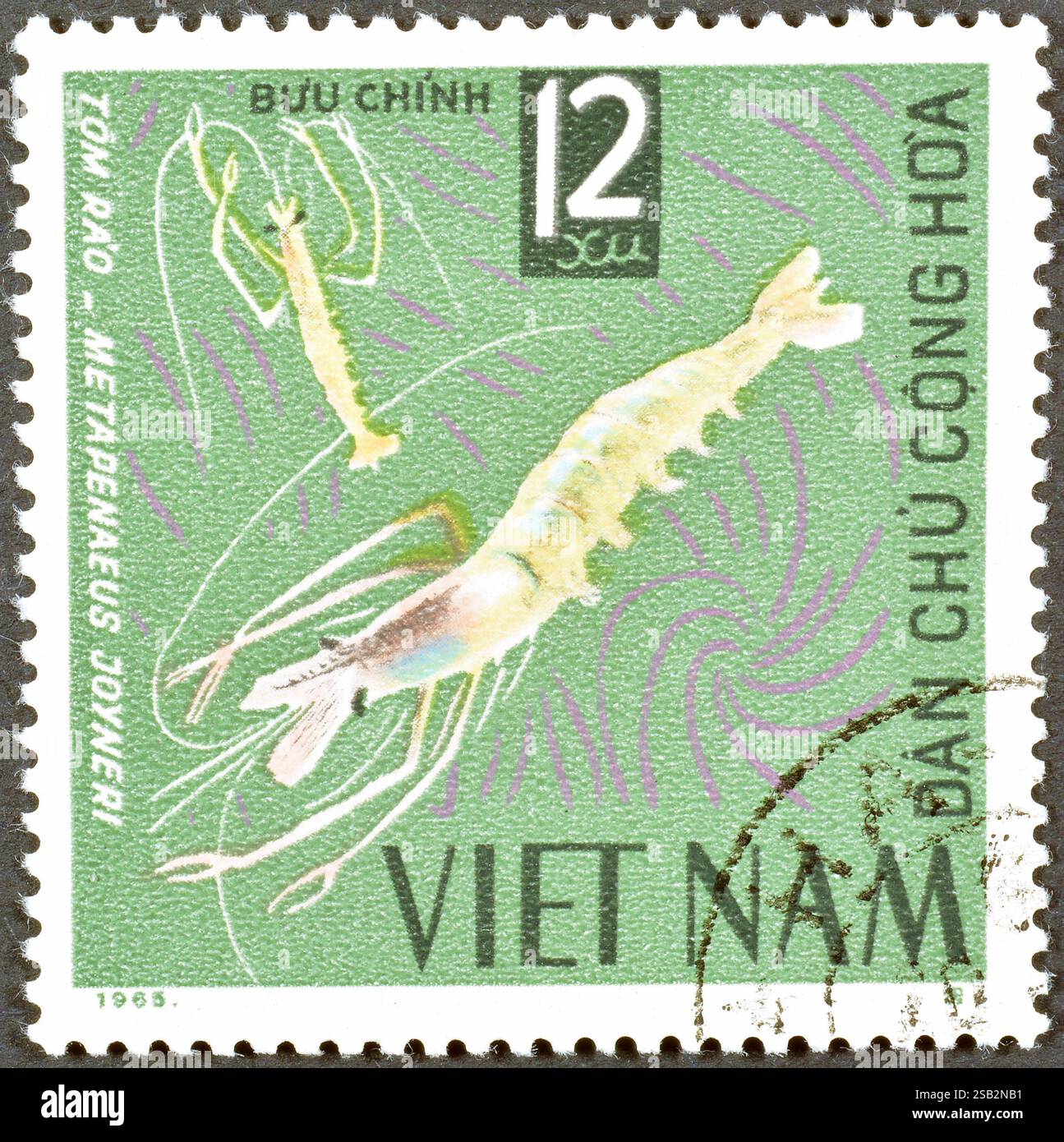 Cancelled postage stamp printed by Vietnam, that shows Prawn ...