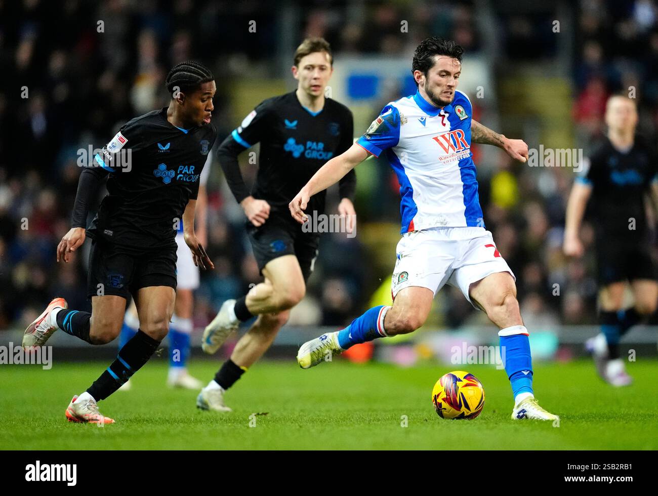 Preston North End's Jayden Meghoma and Blackburn Rovers' Lewis Travis ...
