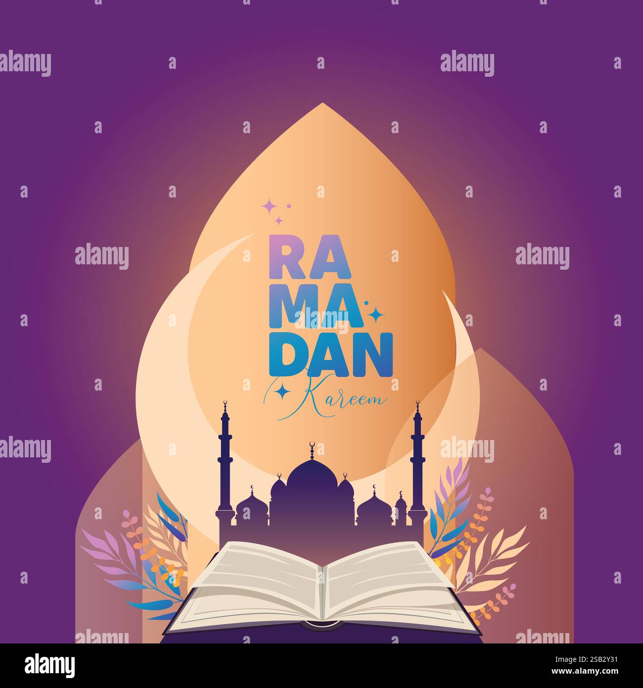 Ramadan Kareem background with, Mosque, Crescent Moon placed in an Arch ...