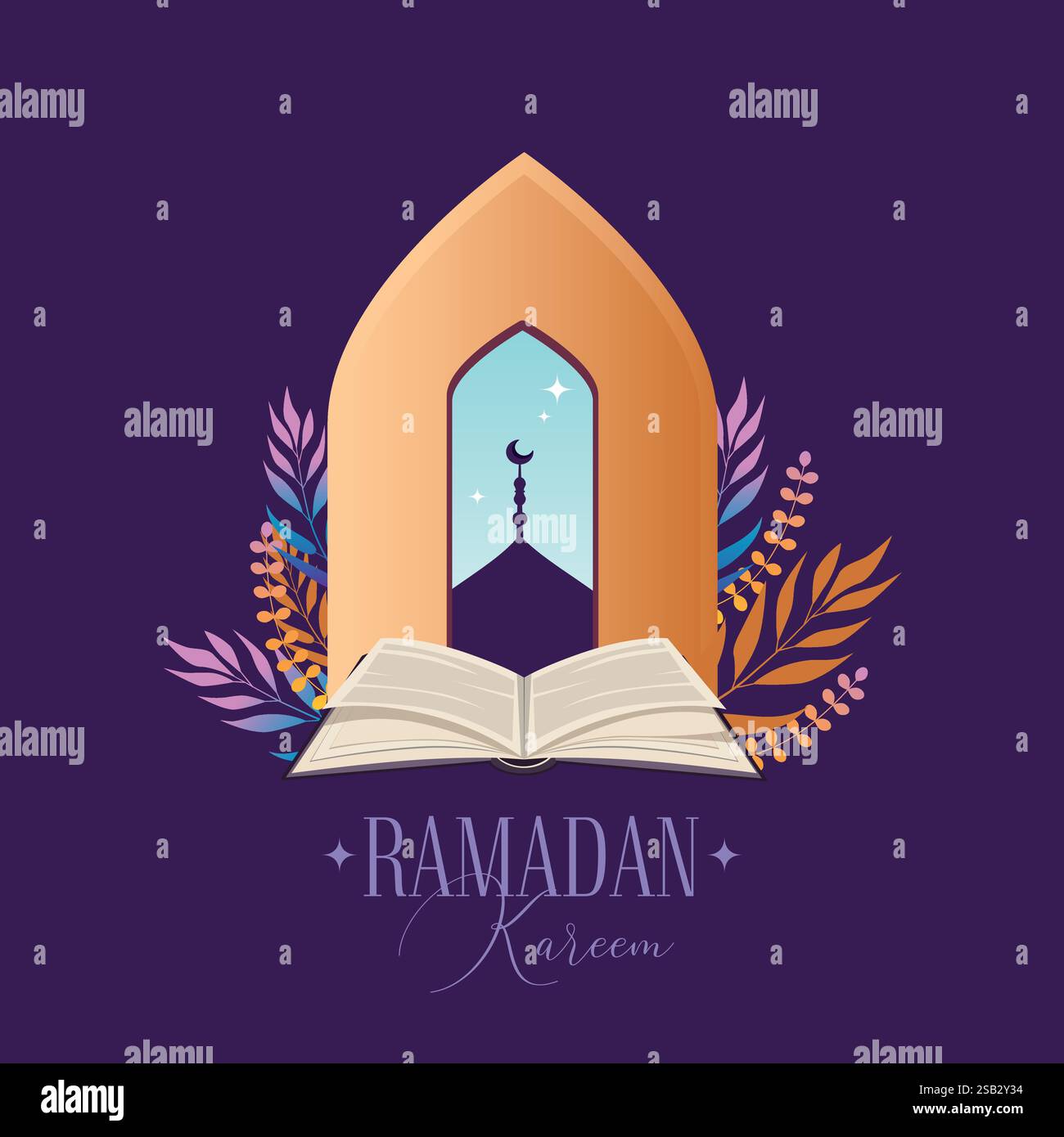 Ramadan Kareem background with, Mosque, Crescent Moon placed in an Arch ...