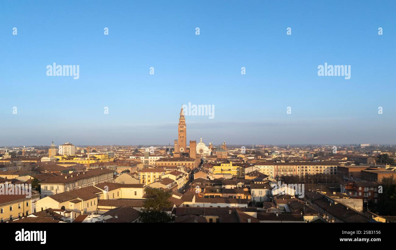Aerial view of Cremona city center featuring the iconic Torrazzo bell ...