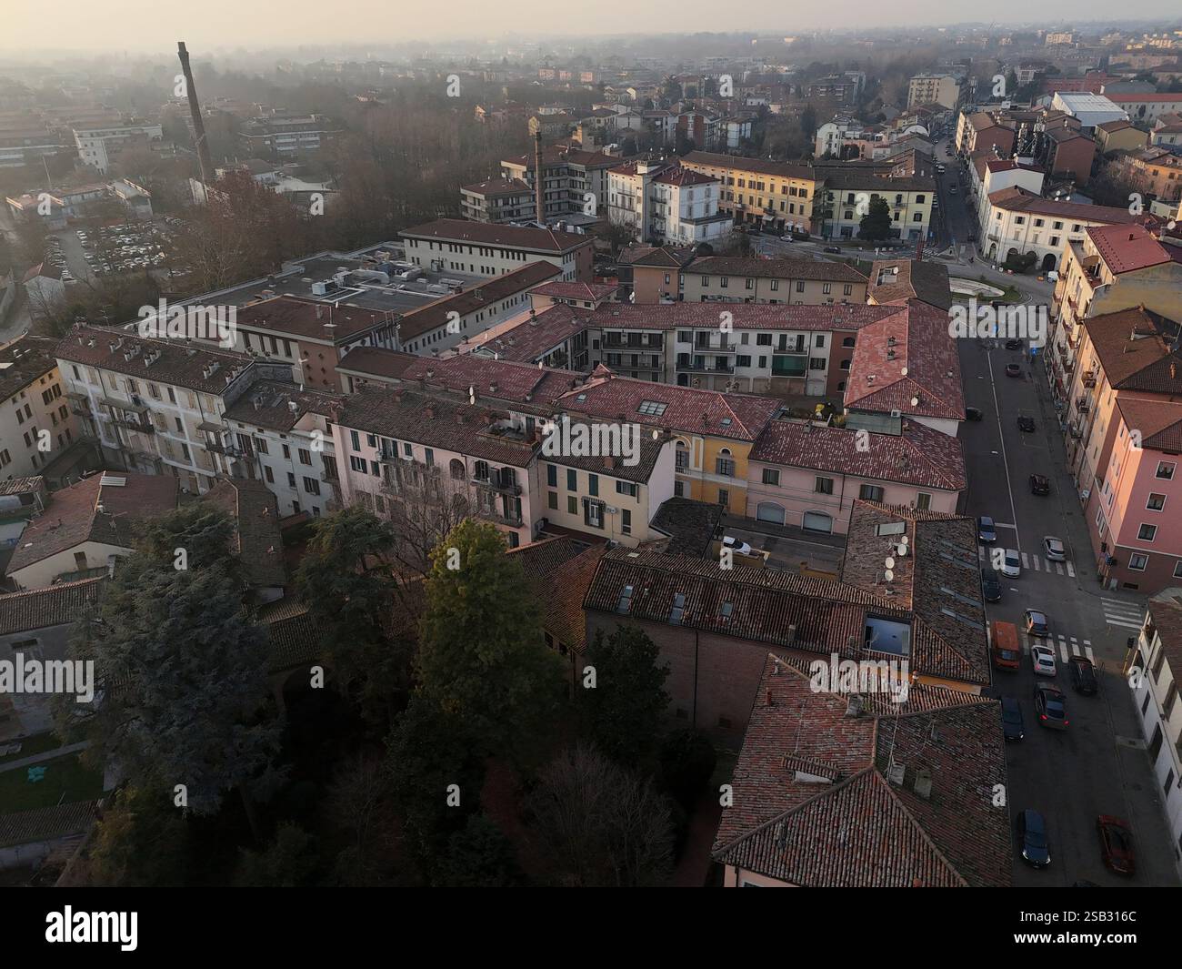 Aerial view capturing Cremona, Italy, with colorful buildings, narrow ...
