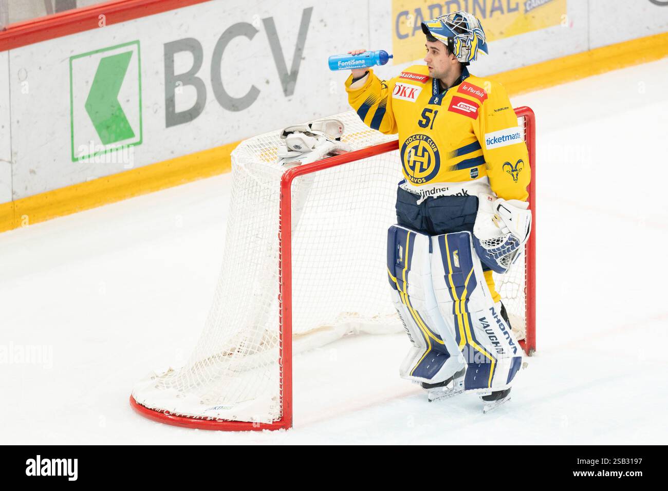 Lausanne, Switzerland. , . Luca Hollenstein (goalkeeper) of HC Davos ...