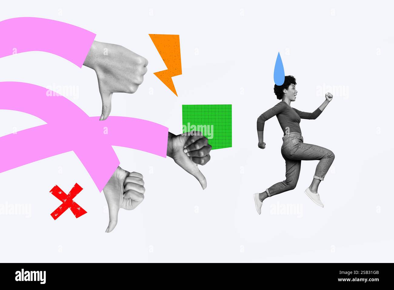 Trend artwork composite banner 3D photo collage of young woman run away ...