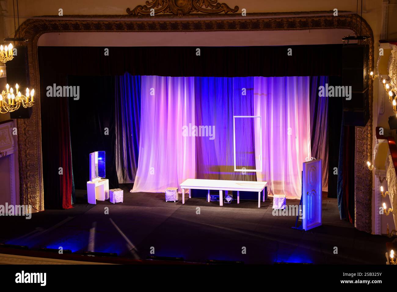 Different furniture and other decorations on stage in theatre Stock ...