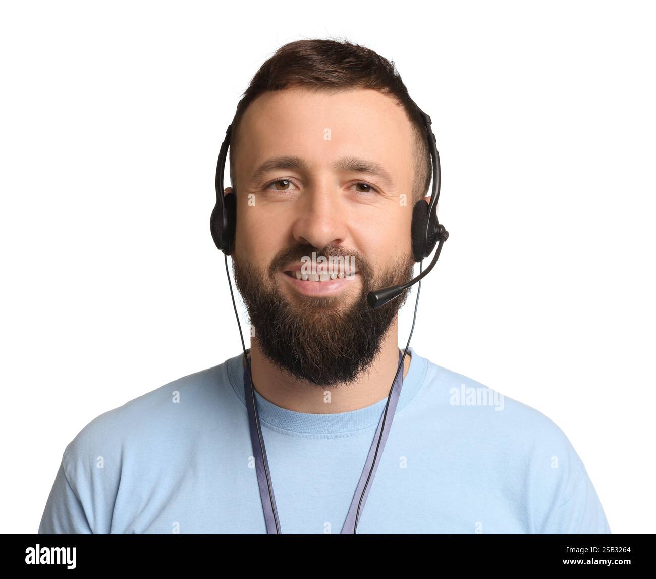 Technical support call center. Portrait of smiling operator on white ...