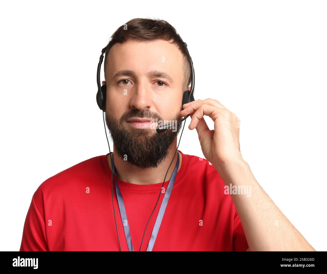 Technical support call center. Portrait of operator on white background ...