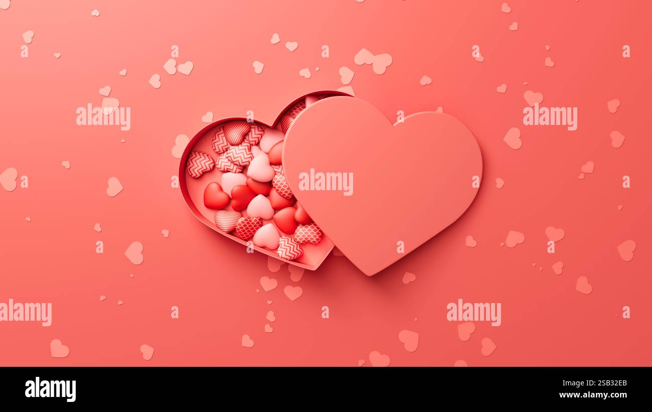 Red opened heart-shaped box with red hearts inside on a red background ...