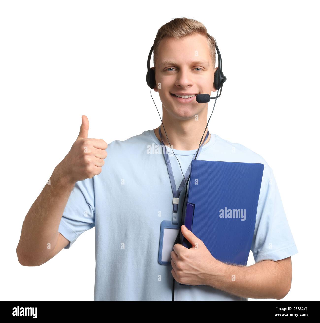 Technical support call center. Smiling operator with folder showing ...