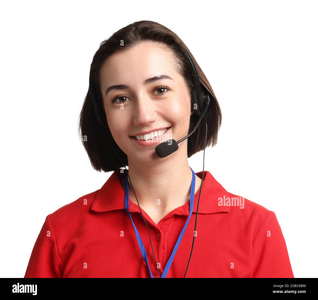 Technical support call center. Portrait of smiling operator on white ...