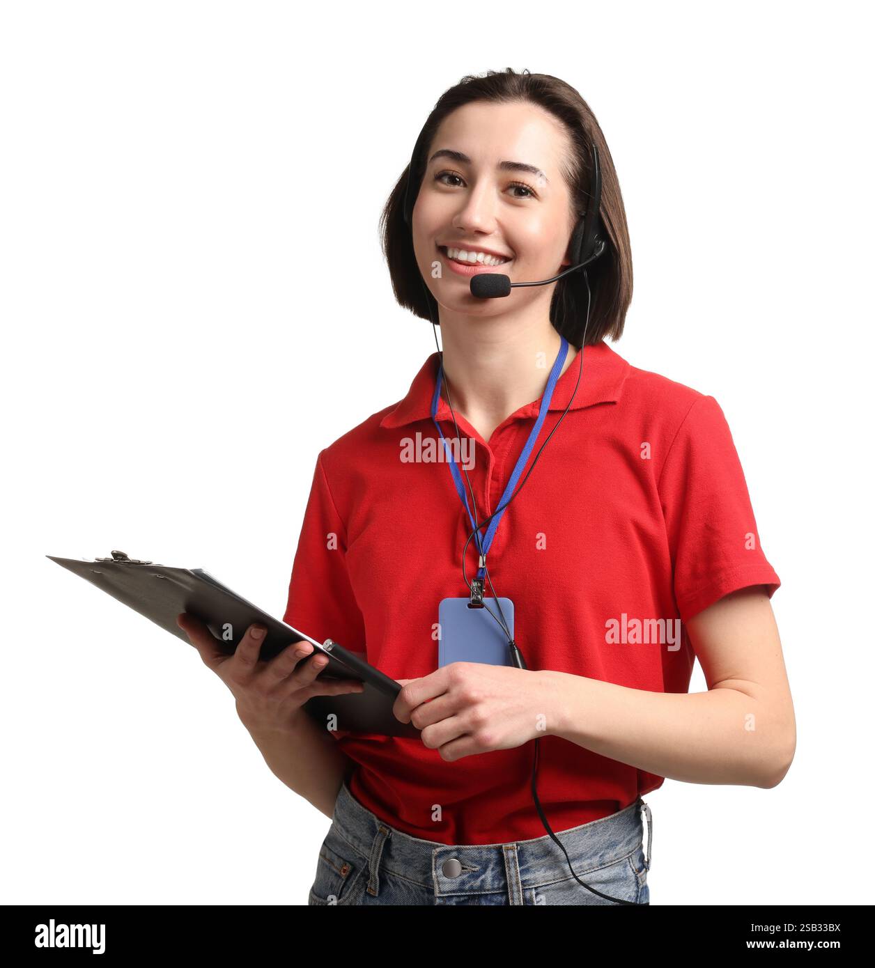 Technical support call center. Smiling operator with clipboard on white ...