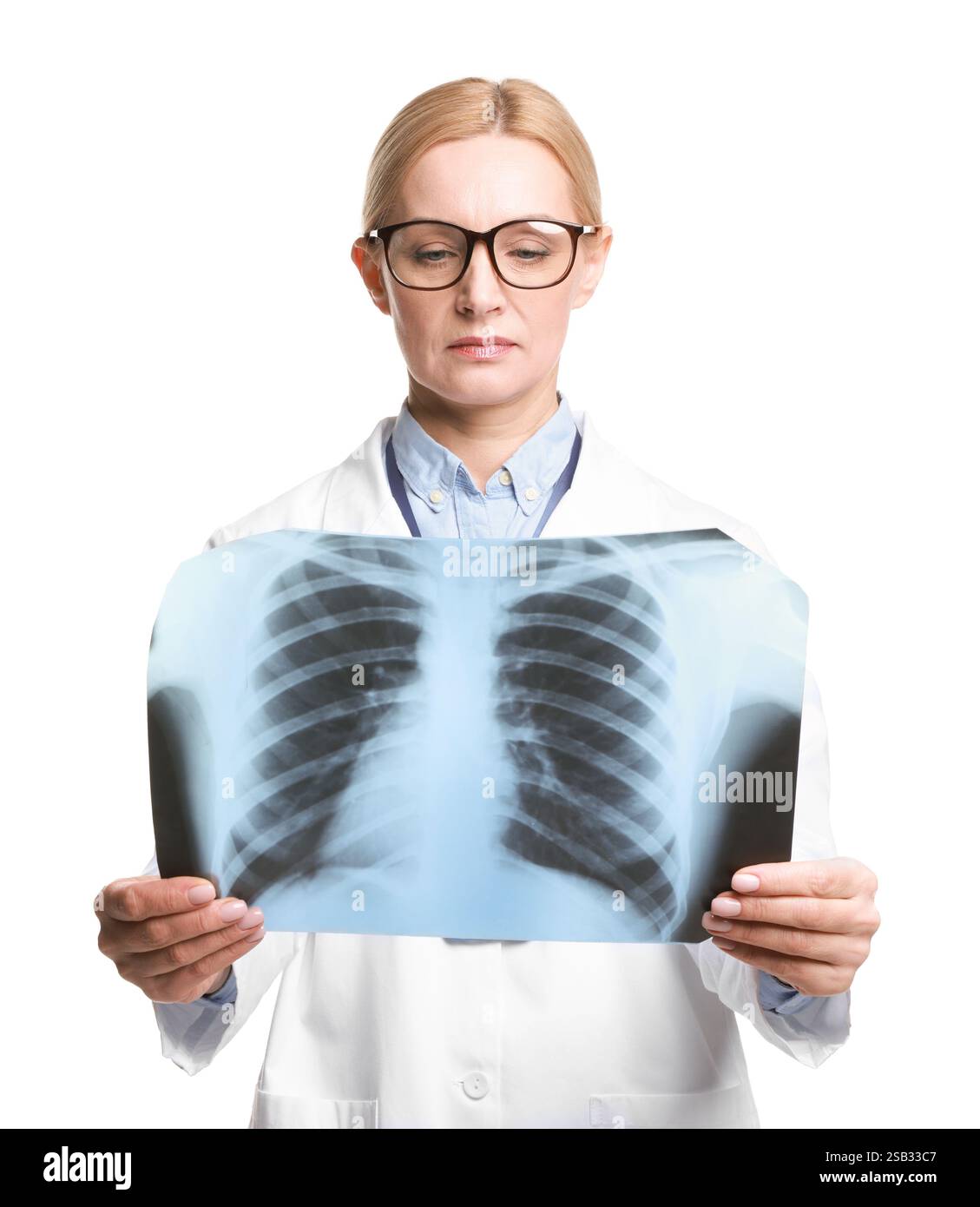 Doctor examining chest x-ray on white background Stock Photo - Alamy