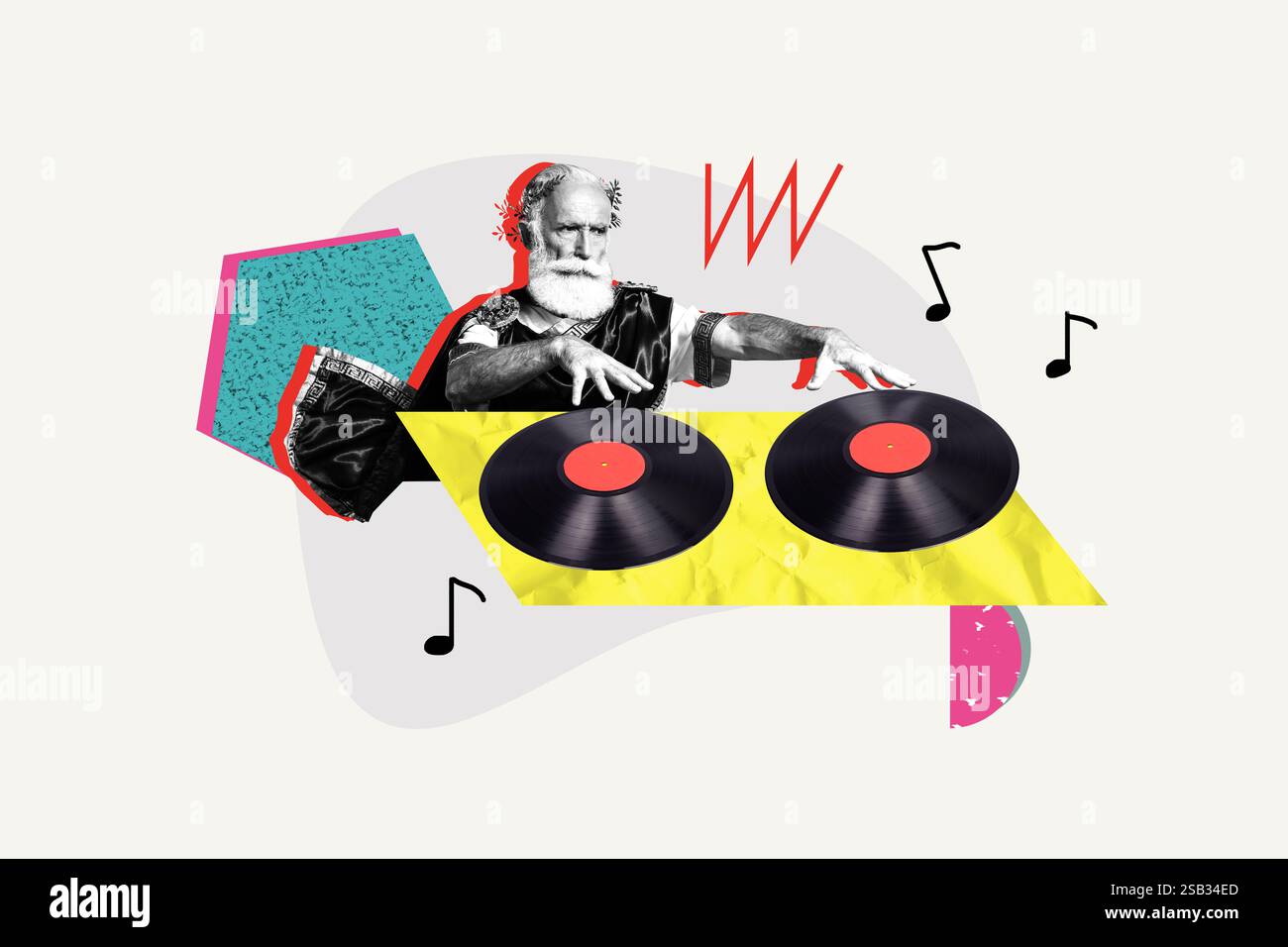 Contemporary art banner collage of serious zeus dj old man wear rome ...